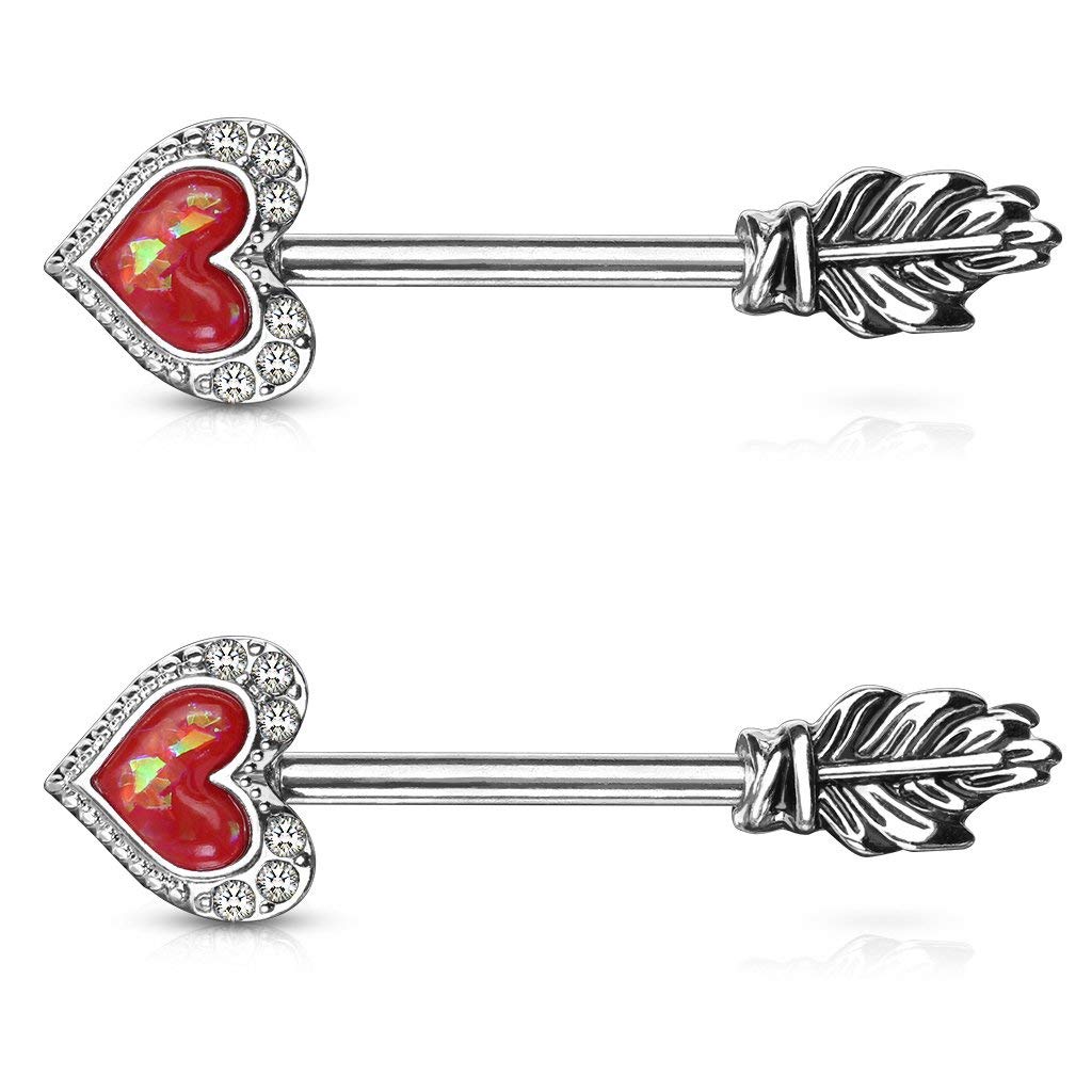 Forbidden Body Jewelry Pave CZ Opalite Heart & Feather Arrow Surgical Steel Nipple Barbells, Red