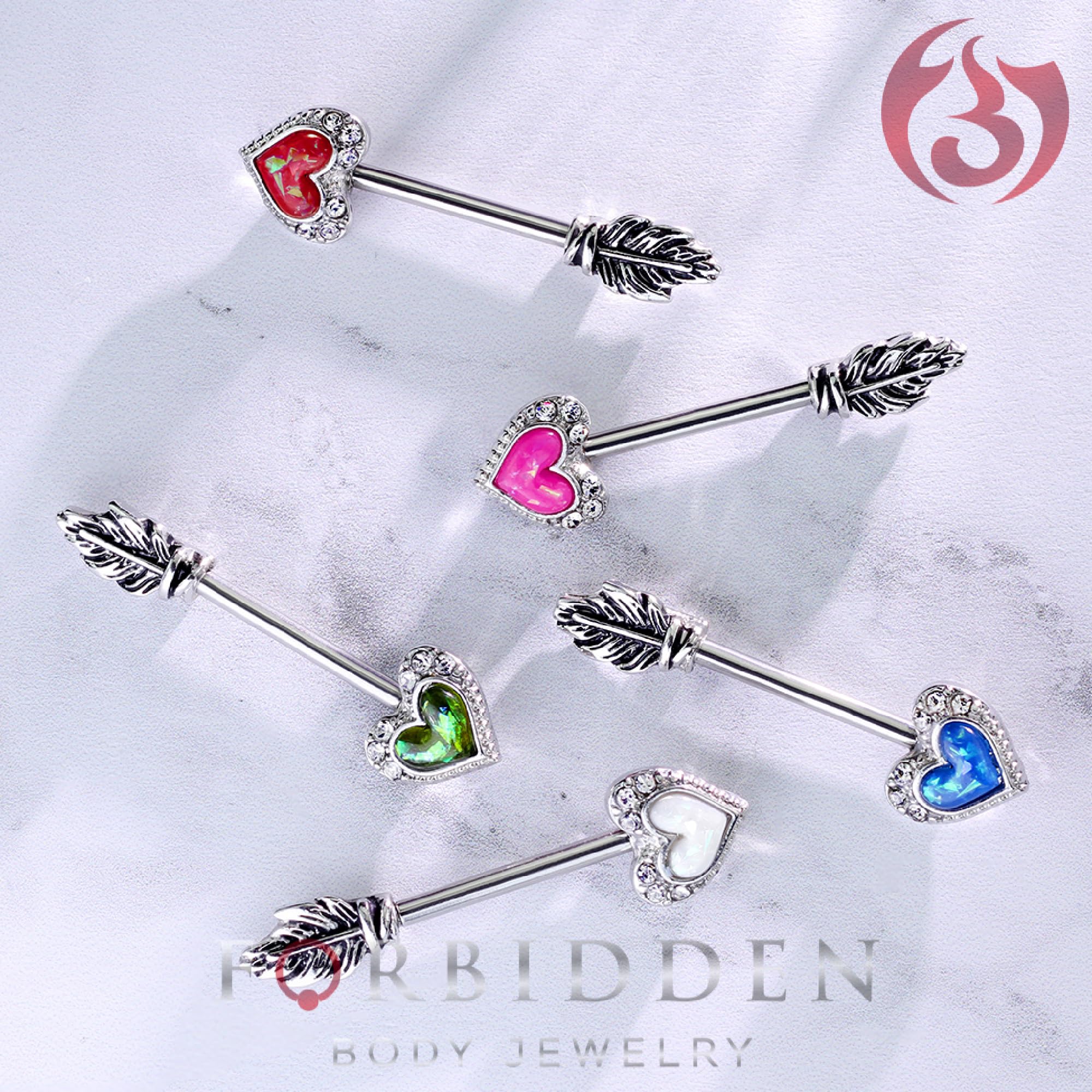 Forbidden Body Jewelry Pave CZ Opalite Heart & Feather Arrow Surgical Steel Nipple Barbells, Red