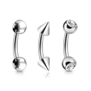 forbidden body jewelry value pack 3pc surgical steel ball/spike/crystal curved barbells (16g 6mm)