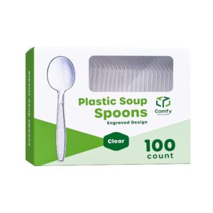 comfy package, [100 pack] heavyweight disposable clear plastic soup spoons - engraved design