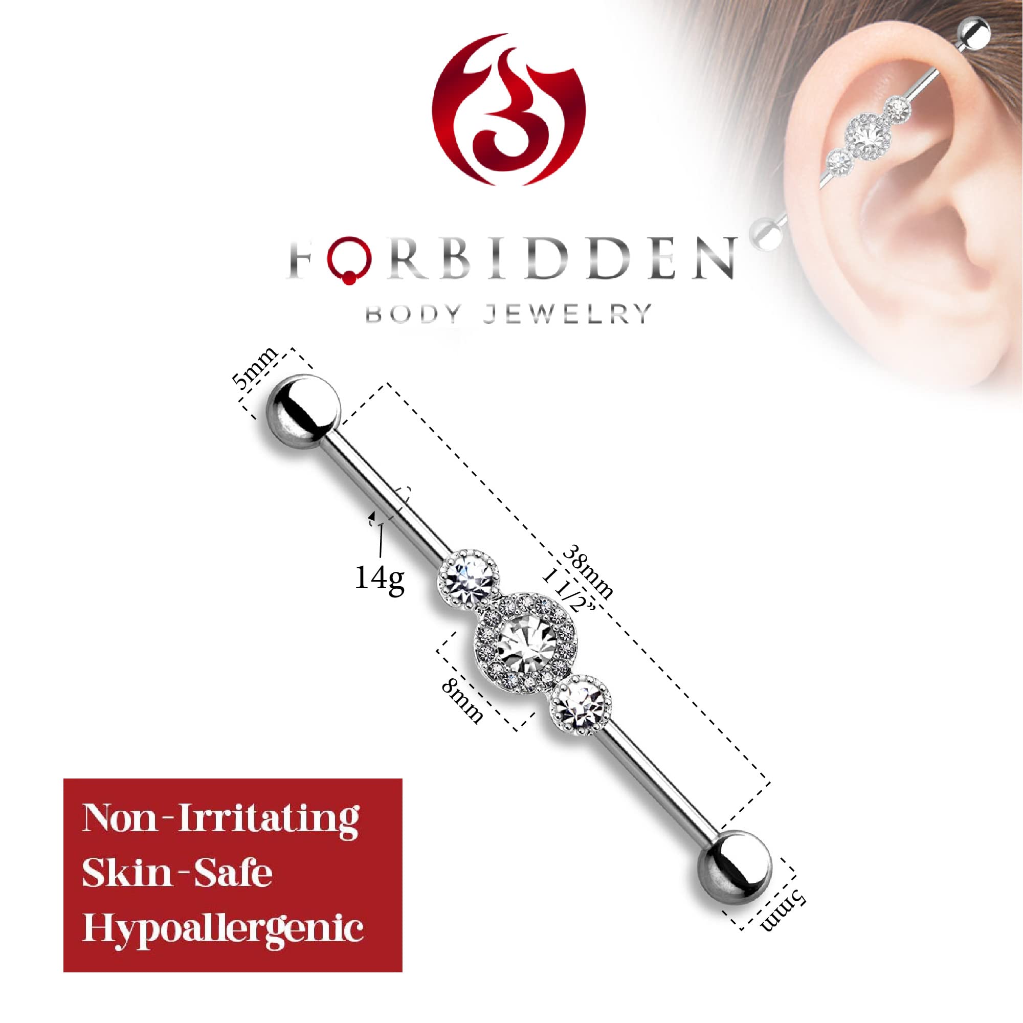 Forbidden Body Jewelry 14g 1.5 Inch (38mm) Surgical Steel Super Glam Triple CZ Industrial (Silver/Clear)