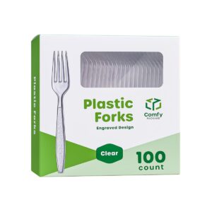 comfy package [100 pack] heavyweight clear plastic forks with engraved design - disposable sturdy plastic utensils for parties, weddings, and events