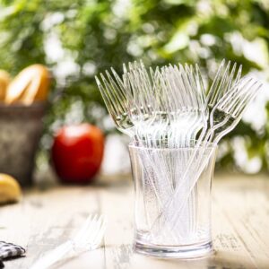 Comfy Package [100 Pack] Heavyweight Clear Plastic Forks with Engraved Design - Disposable Sturdy Plastic Utensils for Parties, Weddings, and Events