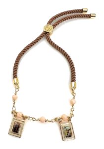 leslie boules catholic scapular bracelet crystal beads & brown satin cord