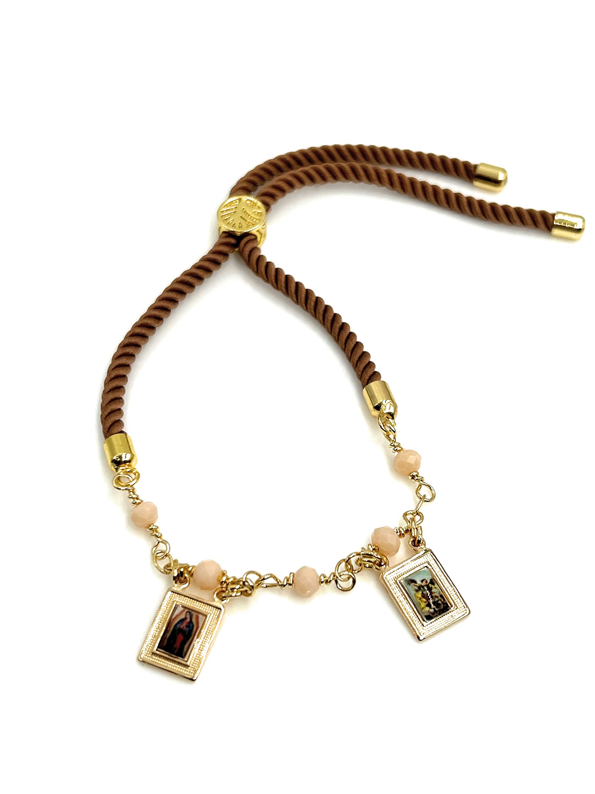 LESLIE BOULES Catholic Scapular Bracelet Crystal Beads & Brown Satin Cord