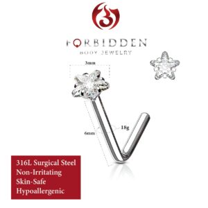 Forbidden Body Jewelry Nose Rings L Shaped, 18g/20g Surgical Steel Nose Ring, Star Nose Ring, 3mm CZ Star Top L-Shaped Nose Stud (18g Silver Tone)