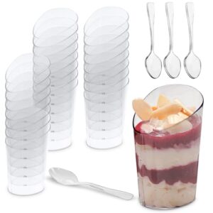 open cut slanted round dessert cups - 3 ounce - 40 count - spoons included - clear plastic - slanted cylinder mini dessert cup - appetizer cup - tasting glass-sample shot glass -disposable or reusable