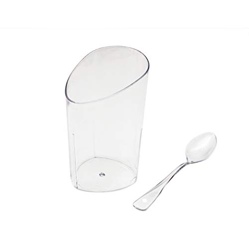 Open Cut Slanted Round Dessert Cups - 3 ounce - 40 Count - Spoons Included - Clear Plastic - Slanted Cylinder Mini Dessert Cup - Appetizer Cup - Tasting Glass-Sample Shot Glass -Disposable or Reusable