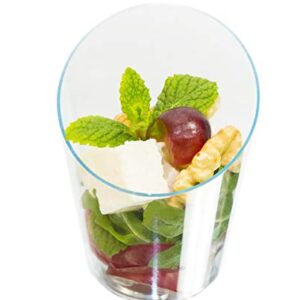 Open Cut Slanted Round Dessert Cups - 3 ounce - 40 Count - Spoons Included - Clear Plastic - Slanted Cylinder Mini Dessert Cup - Appetizer Cup - Tasting Glass-Sample Shot Glass -Disposable or Reusable