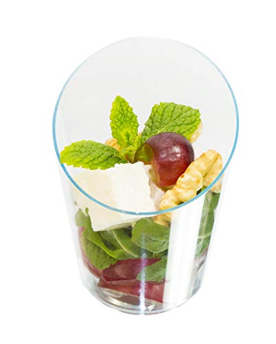 Open Cut Slanted Round Dessert Cups - 3 ounce - 40 Count - Spoons Included - Clear Plastic - Slanted Cylinder Mini Dessert Cup - Appetizer Cup - Tasting Glass-Sample Shot Glass -Disposable or Reusable