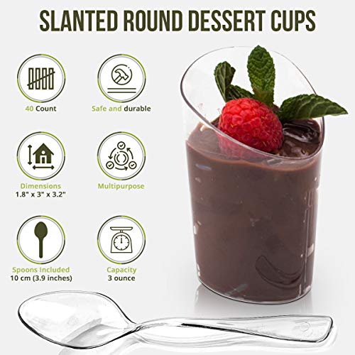 Open Cut Slanted Round Dessert Cups - 3 ounce - 40 Count - Spoons Included - Clear Plastic - Slanted Cylinder Mini Dessert Cup - Appetizer Cup - Tasting Glass-Sample Shot Glass -Disposable or Reusable