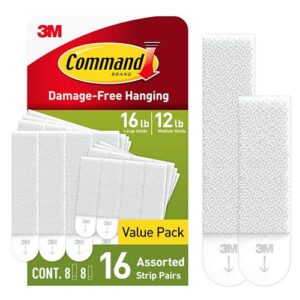 command medium and large picture hanging strips, damage free hanging picture hangers, no tools wall hanging strips for living spaces, white, 8 medium pairs and 8 large pairs