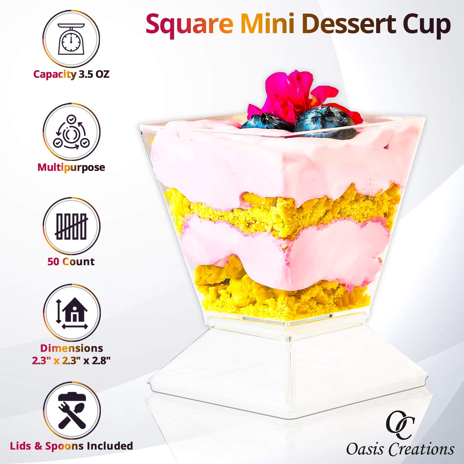 Oasis Creations Square Mini Dessert Cup - 3.5 ounce - 50 Count - Lids & Spoons Included - Clear Plastic - Appetizer Cup - Parfait Cup - Dessert Cup -Disposable or Reusable (50 Pack)