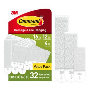 command picture hanging strips variety pack, damage free hanging picture hangers, no tools wall hanging strips for living spaces, white, 8 small pairs, 16 medium pairs and 8 large pairs(64 strips)