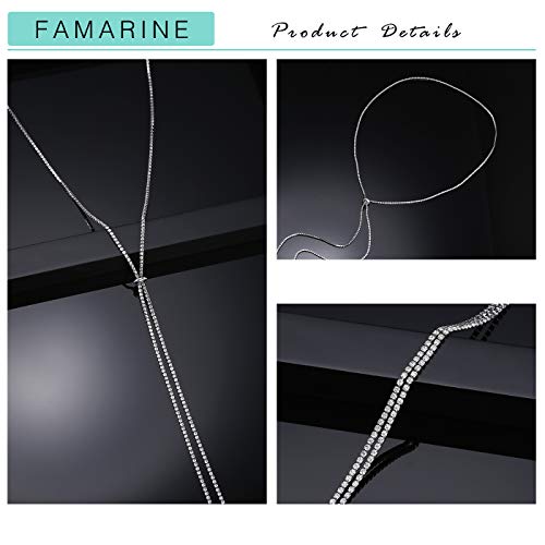 FAMARINE CZ Long Necklace, Rhinestone Bar Y Lariat Necklace Silver Tone for Women Birthday (Silver Rhinestone Y Necklace)