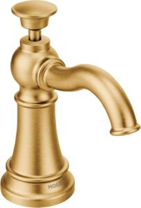 moen s3945bg traditional deck mounted kitchen soap dispenser with above the sink refillable bottle, brushed gold