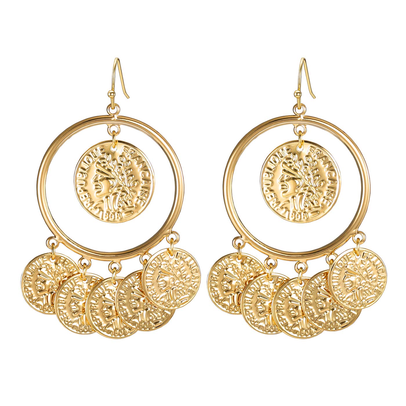 Vintage Tribal Chandelier Portrait Coins Drop Dangle Earrings for Women Costume Jewelry Gold