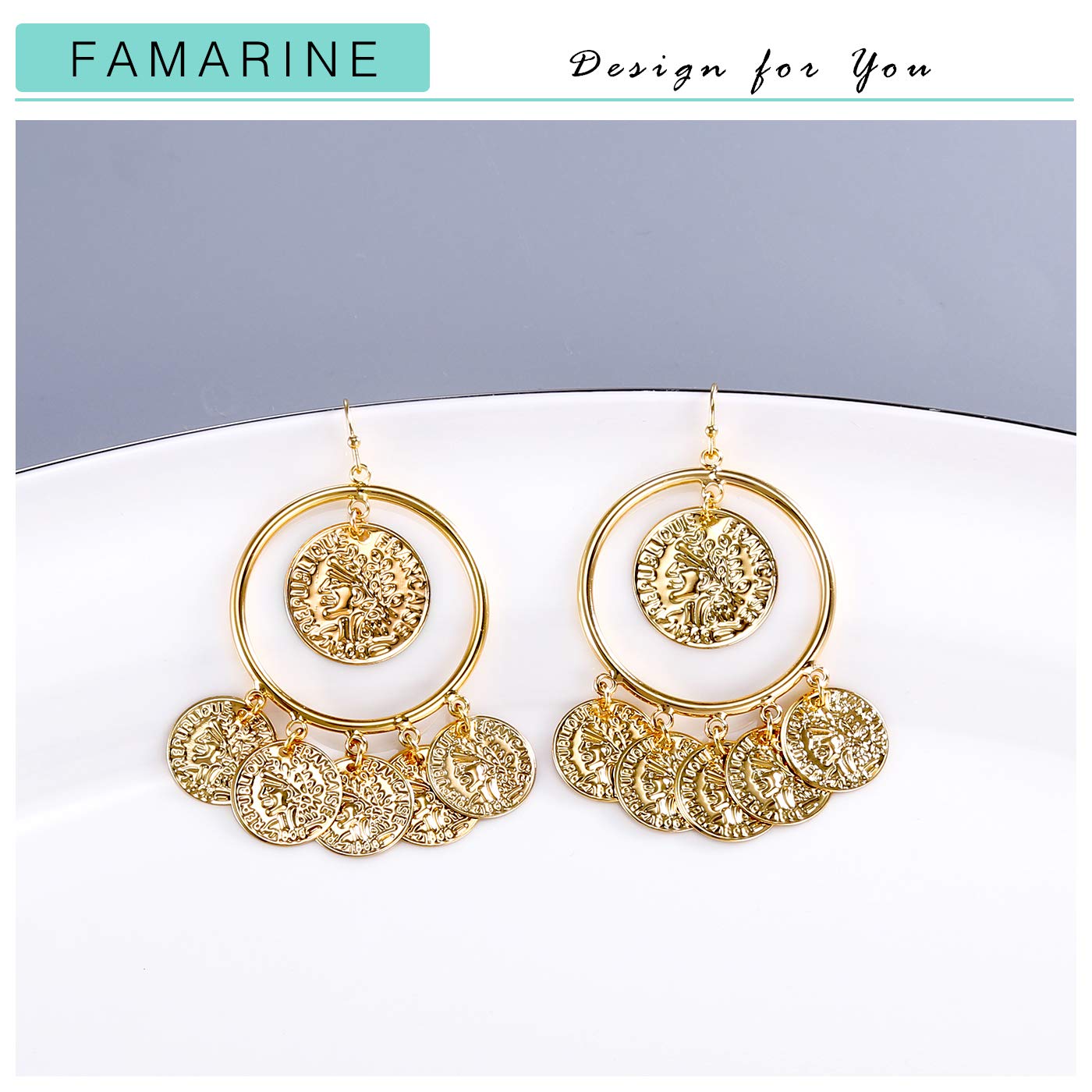 Vintage Tribal Chandelier Portrait Coins Drop Dangle Earrings for Women Costume Jewelry Gold