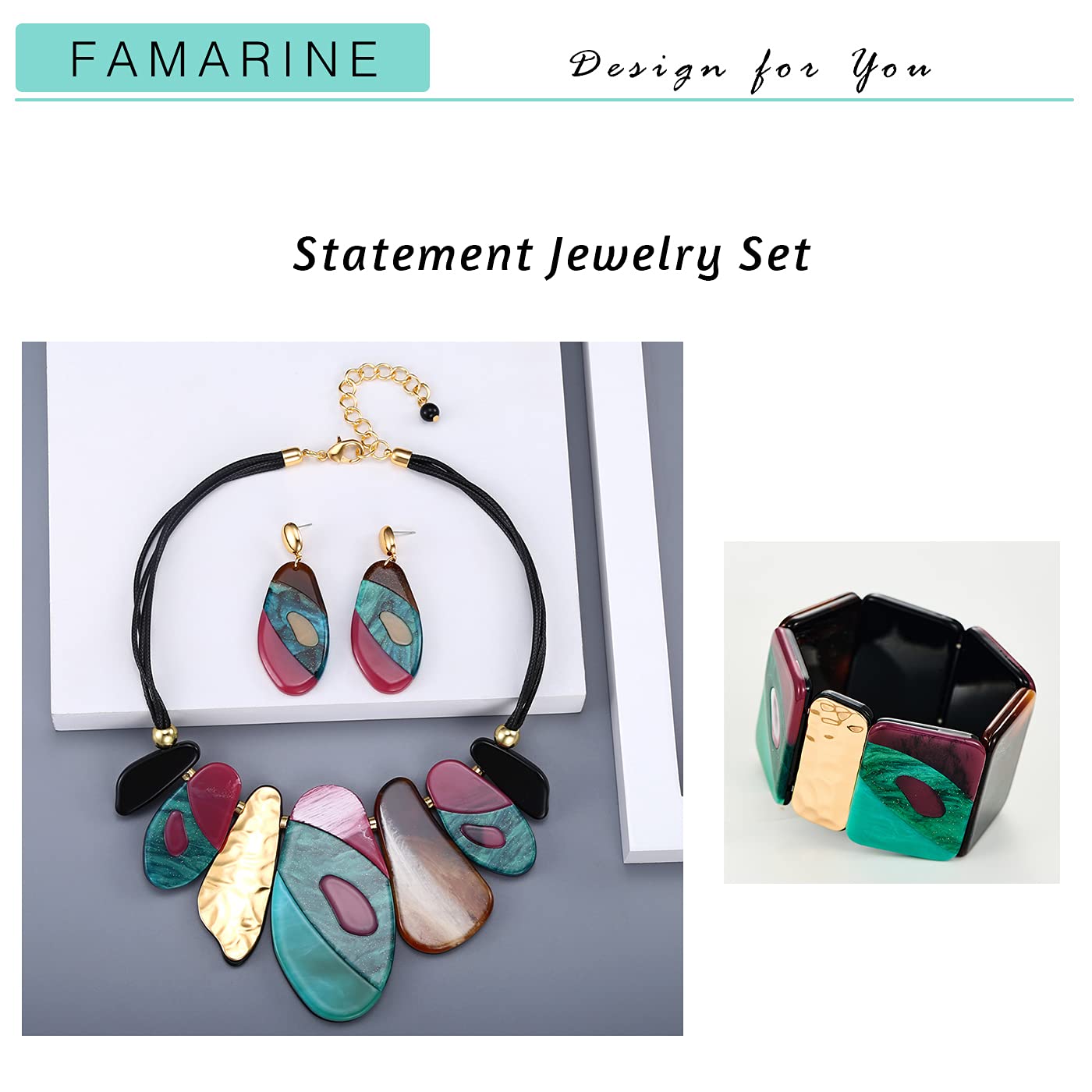 FAMARINE Vintage Tribe Chunky Collar Necklace, Geometry Acrylic Pendant Bib Statment Necklace Costume Jewelry (Necklace)