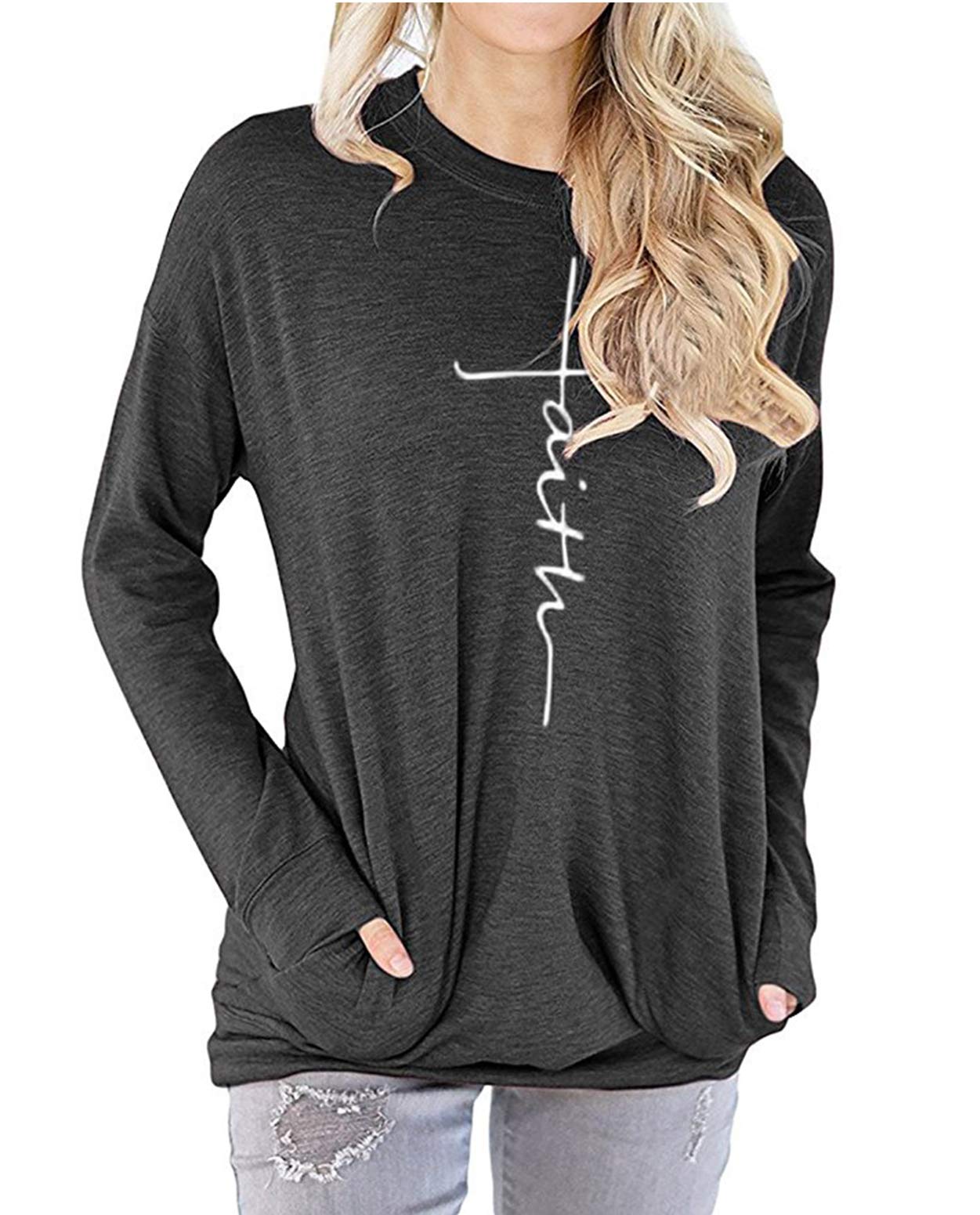 ZILIN Womens Tops Fall Long Sleeve Shirts Loose Fit Tunic Tops Sweatshirt with Pockets Grey XXL