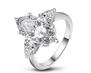 ainuoshi rhodium plated 925 sterling silver marquise solitaire cubic zirconia cz 3-stone anniversary engagement wedding ring (6.5)