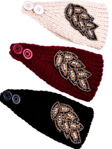 jetec 3 pieces knitted headband beaded flapper headband vintage leaf crochet headband for women girls, 3 colors