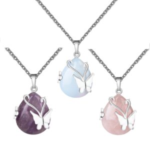 bivei vintage wire wrap butterfly gemstone rose quartz amethyst opalite healing crystal pendant necklace(pack of 3)