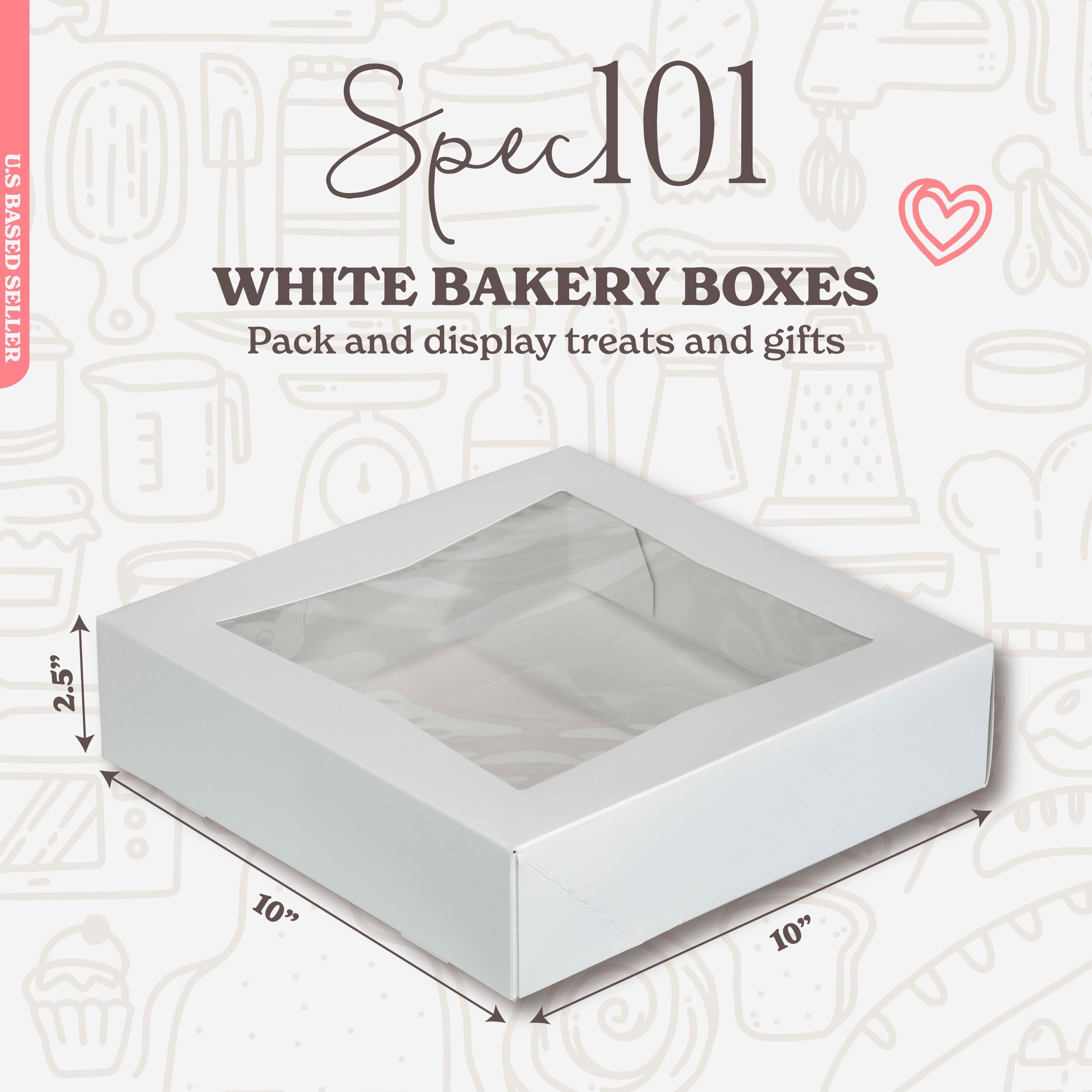 SpecialT Easy Popup Pie Boxes with Window 10x10x2.5 Inch White Bakery Boxes Pie Containers Disposable Baking Boxes 200pk