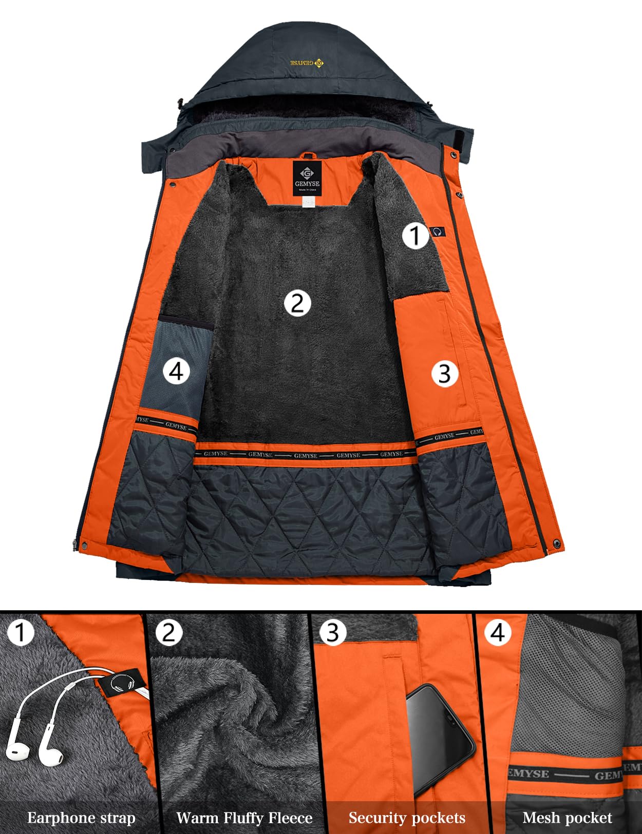 GEMYSE Men's Mountain Waterproof Ski Snow Jacket Winter Windproof Rain Jacket (Orange Grey,Small)