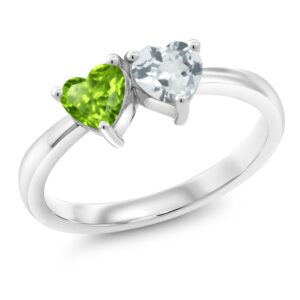 gem stone king 925 sterling silver green peridot and sky blue aquamarine women ring (0.92 cttw, heart shape, gemstone birthstone, available in size 5, 6, 7, 8, 9)