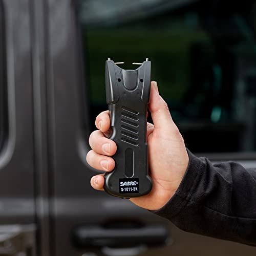 SABRE 2-in-1 Stun Gun with Flashlight & Belt Holster, .84 Microcoulombs (µC) Charge, 120 Lumen Flashlight, High, Low, & Strobe Light Modes, Safety Switch, Rechargeable, Ergonomic Grip, Compact Design