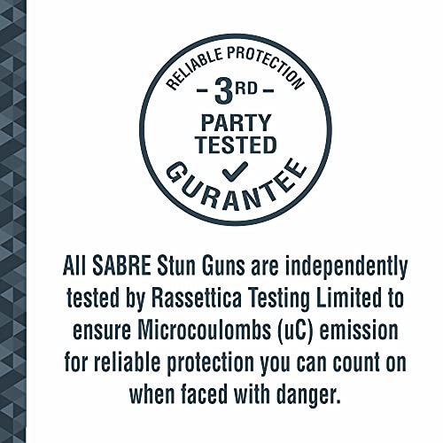 SABRE 2-in-1 Stun Gun with Flashlight & Belt Holster, .84 Microcoulombs (µC) Charge, 120 Lumen Flashlight, High, Low, & Strobe Light Modes, Safety Switch, Rechargeable, Ergonomic Grip, Compact Design