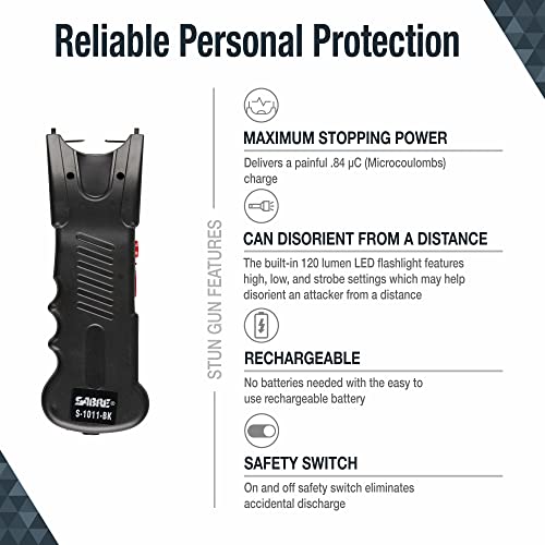 SABRE 2-in-1 Stun Gun with Flashlight & Belt Holster, .84 Microcoulombs (µC) Charge, 120 Lumen Flashlight, High, Low, & Strobe Light Modes, Safety Switch, Rechargeable, Ergonomic Grip, Compact Design