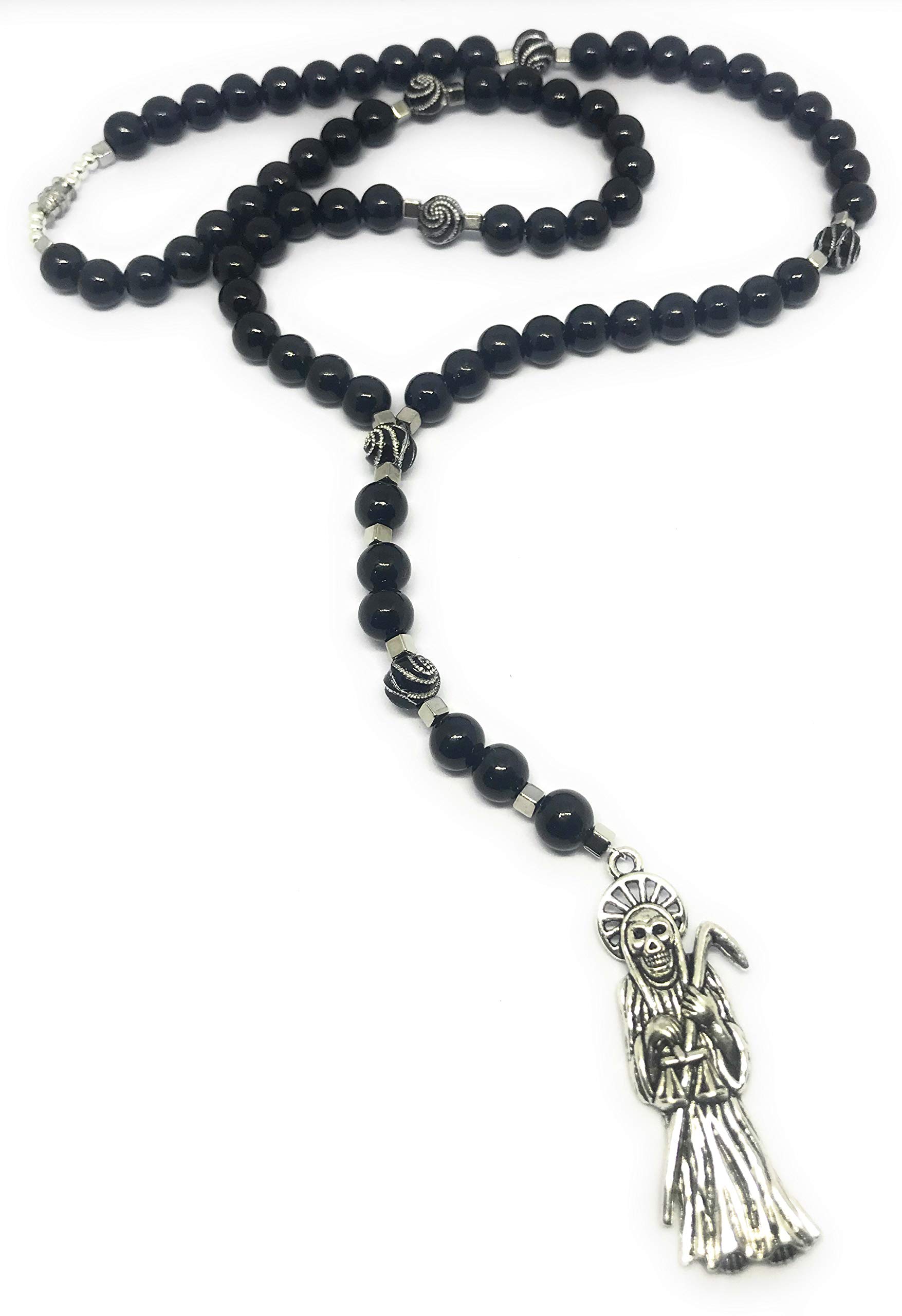 Acrylic Holy death's necklace, rosary style. Collar de la Santa Muerte de acrilico estilo rosario. Grim reaper Y style necklace.