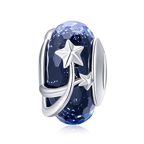 Murano Glass Beads Authentic 925 Sterling Silver Charms Core Faceted Christmas Snowflake Flower Star Glass Charms Bracelet for Women Pandora Bracelet (Night Sky Bead)