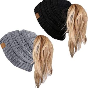 Funky Junque Messy Bun Beanie Tail Bundle - 1 Black, 1 Heather Grey (2 Pack)