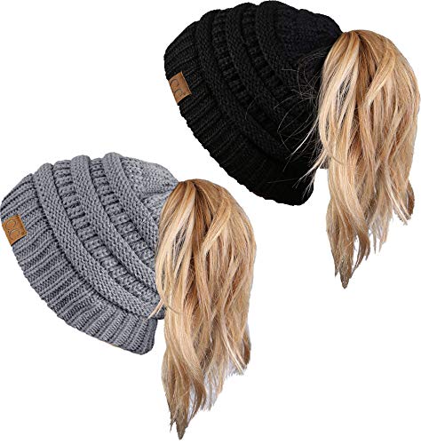 Funky Junque Messy Bun Beanie Tail Bundle - 1 Black, 1 Heather Grey (2 Pack)