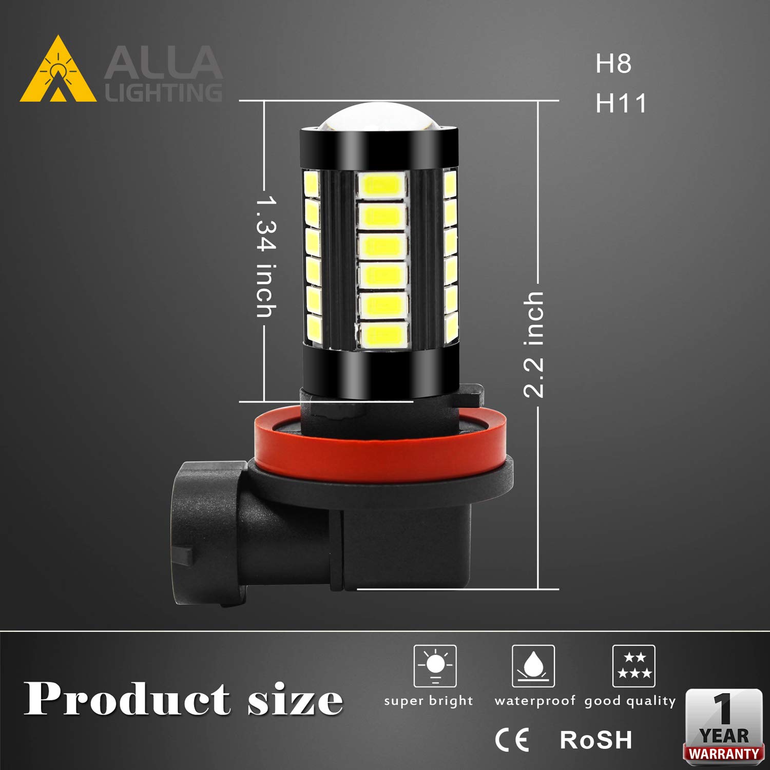 Alla Lighting Super Bright H8 H11 LED Fog Lights Bulbs or DRL, 6000K Xenon White H16 H11LL H8LL H1155 Replacement, 2800 Lumens 5730 33-SMD 12V for Cars, Trucks, SUVs, Vans