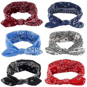 yeshan boho bow headbands for women vintage paisley bandana flower printed hairband elastic rabbit ear head wrap cute hair accessories,pack of 6