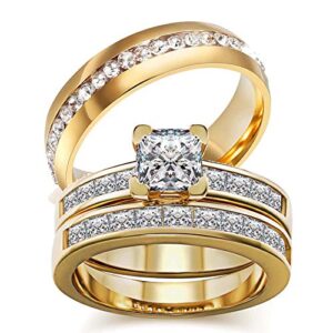 wedding ring set two rings his hers couples rings women's 10k yellow gold filled white cz wedding engagement ring bridal sets & men's stainless steel wedding band