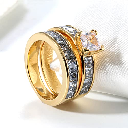 wedding ring set Two Rings His Hers Couples Rings Women's 10k Yellow Gold Filled White CZ Wedding Engagement Ring Bridal Sets & Men's Stainless Steel Wedding Band