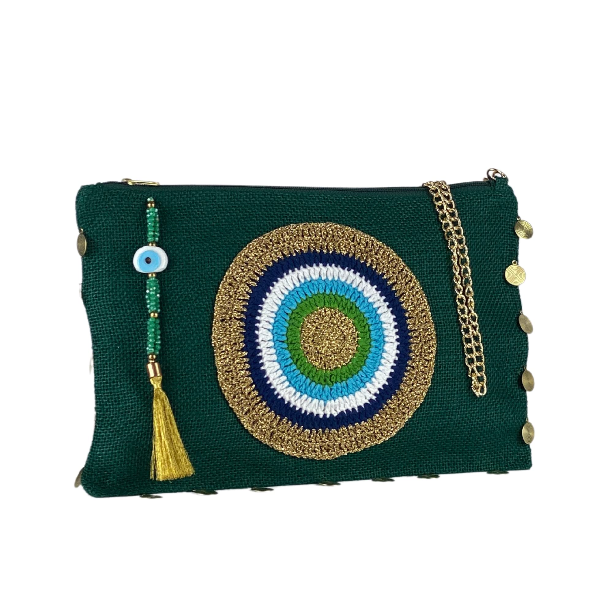 Evil Eye Clutch Bag Green Jute Handbag Zipper Closure Wipeable Lining