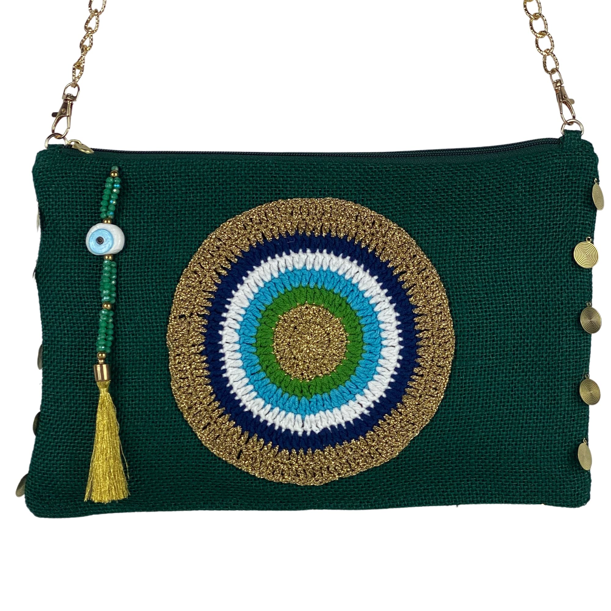 Evil Eye Clutch Bag Green Jute Handbag Zipper Closure Wipeable Lining