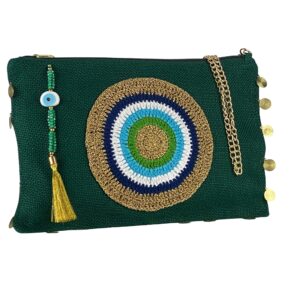 Evil Eye Clutch Bag Green Jute Handbag Zipper Closure Wipeable Lining