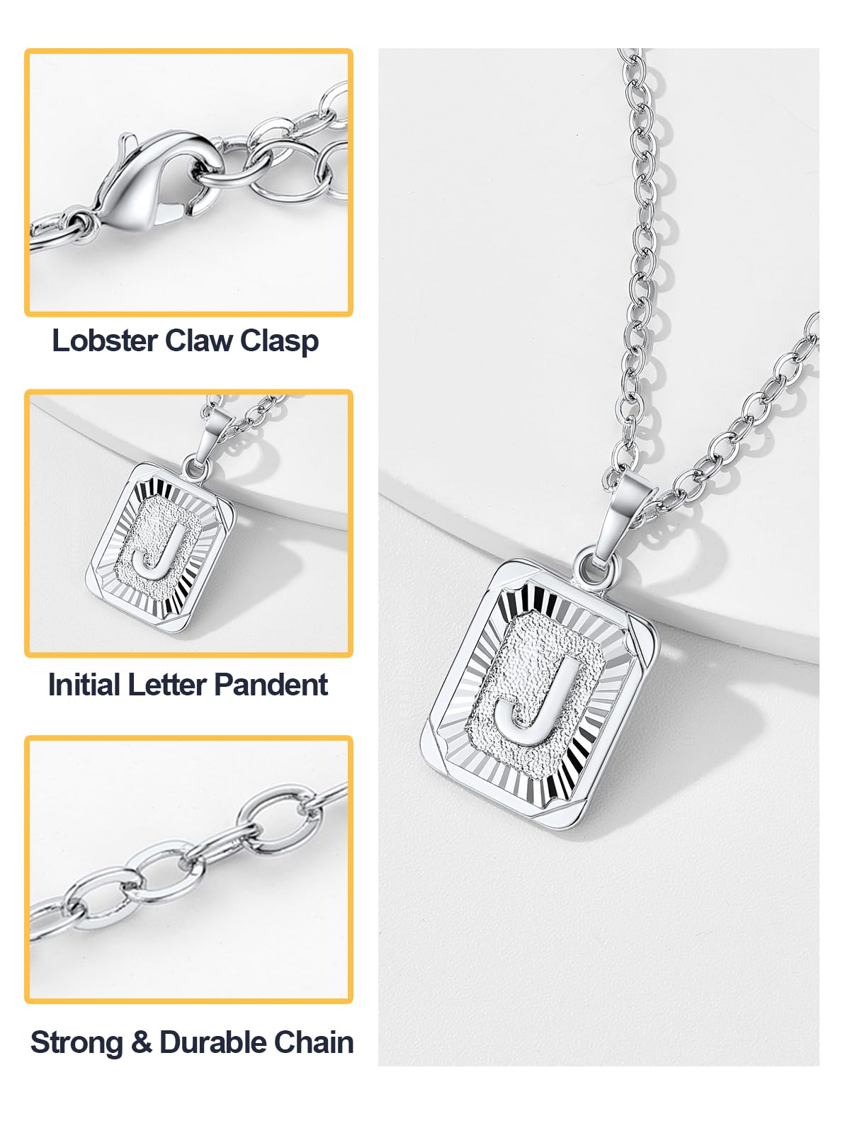 U7 A-Z 26 Letters Pendant Men Womens Fashion Jewelry Platinum Plated Square Pendants Capital Initial J Necklace