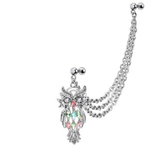 covet jewelry marquise gemmed owl with gemmed double cartilage/tragus barbell multi chain linked dangle 316l surgical steel