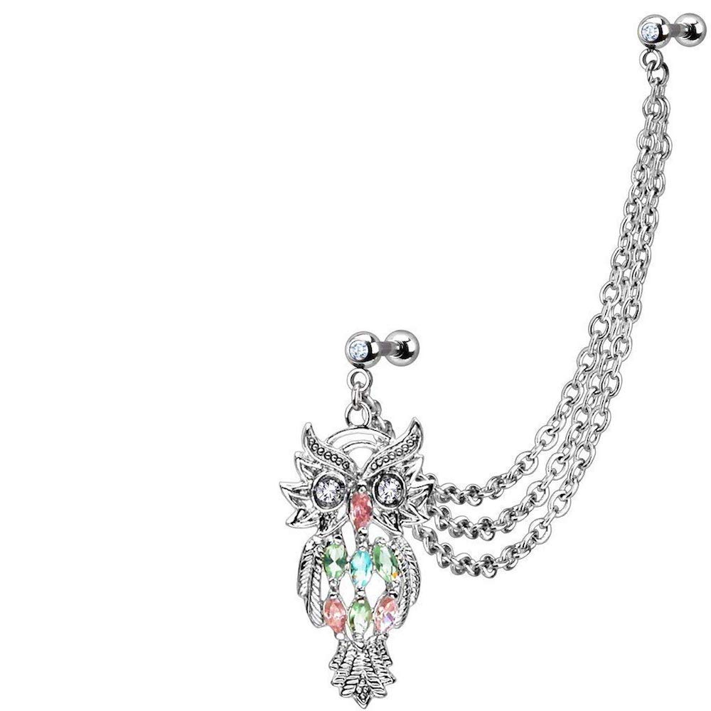 Covet Jewelry Marquise Gemmed Owl with Gemmed Double Cartilage/Tragus Barbell Multi Chain Linked Dangle 316L Surgical Steel