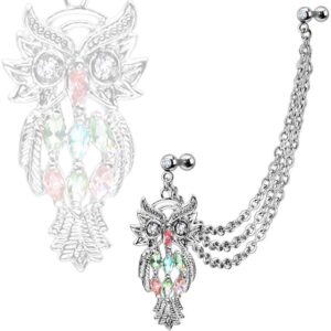 Covet Jewelry Marquise Gemmed Owl with Gemmed Double Cartilage/Tragus Barbell Multi Chain Linked Dangle 316L Surgical Steel