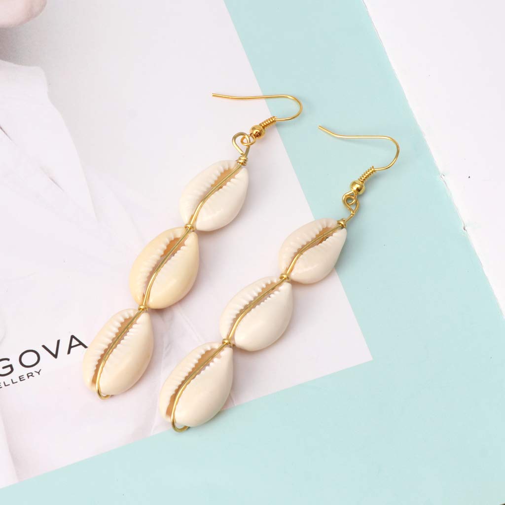 Kofun Earrings, Bohemian Natural Cowrie Shell Pendant Drop Earrings Beach Jewelry For Women Four C