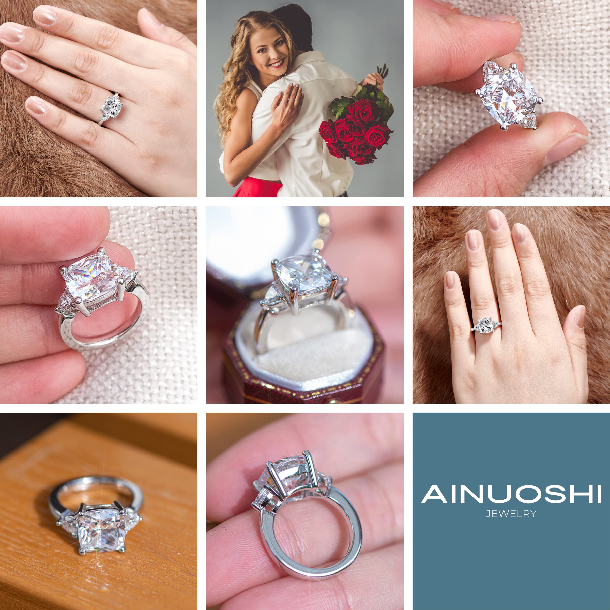 AINUOSHI Engagement Rings for Women 5.5ct Cushion Cut Cubic Zirconia CZ 925 Sterling Silver Wedding Rings Christmas Gifts for Women Anniversary Valentines Day Gifts for Her (8)